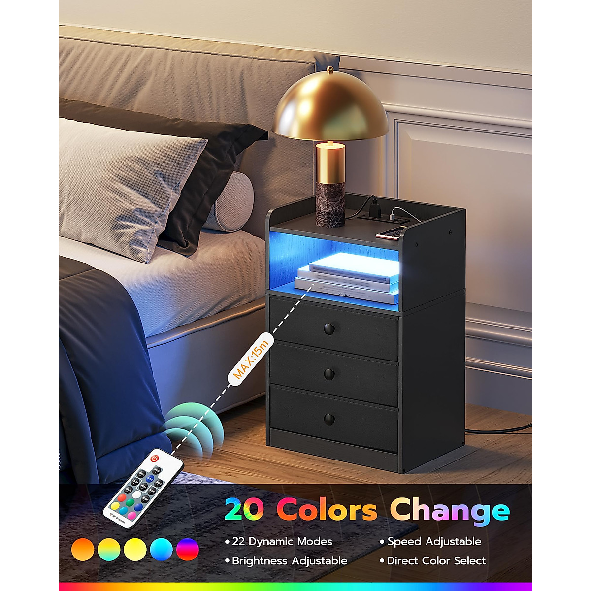 CHOEZON Nightstand with Charging Station and LED Light, Side Table with 3 Fabric Drawers Chest, End Table with USB Ports and Outlet, Bedside Table for Living Room, Bedroom, Black MBZ04UDBB