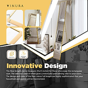 VENERA Long Mirrors for Bedroom - Sturdy Standing Mirror Full Length - Gold Aluminum Framed Full Length Mirror with Stand - 95” Tall Bedroom Mirror with Hanging Standing or Leaning