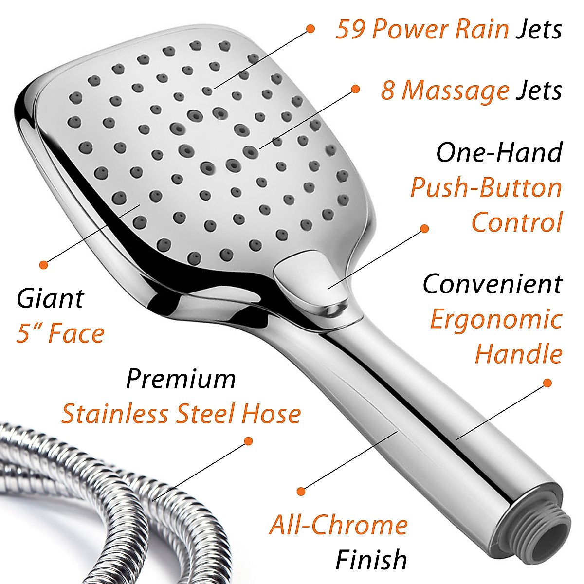 HotelSpa 10.5-in Rain Shower Head/Handheld Combo. Convenient Push-Button Flow Control Button for easy one-handed operation. Switch flow settings with the same hand! Low-Reach Bracket included