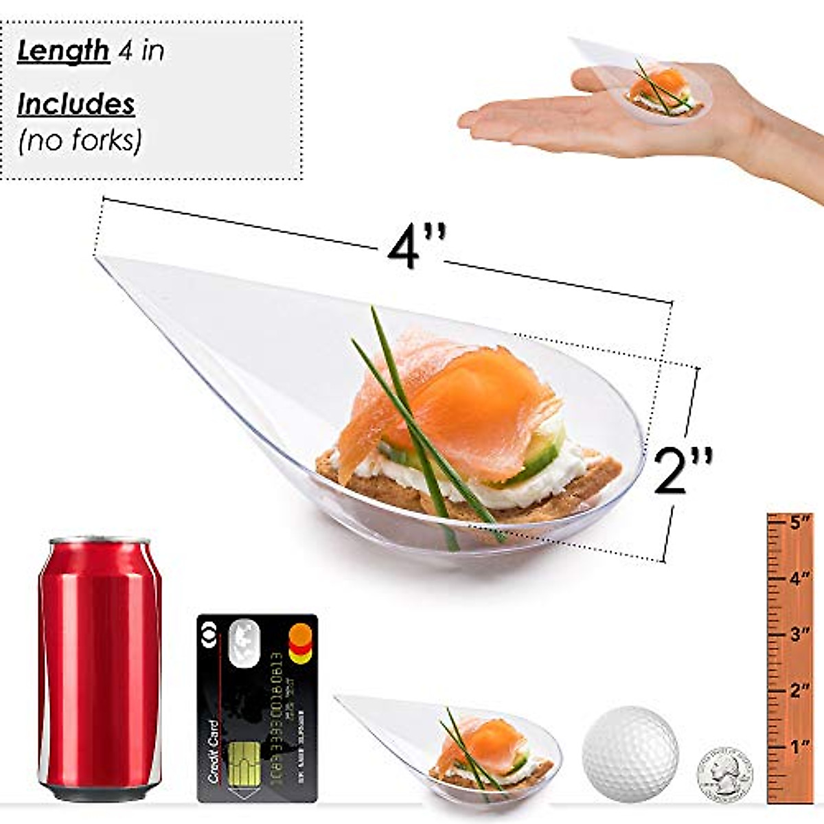 DLux 100 4-in Tear Drop Mini Appetizer Plates, Reusable Clear Plastic Spoons - Desserts and Appetizers Dishes Serving Plate - Asian Spoon Set, Small Catering Dessert Tasting Cups - with Recipe Ebook