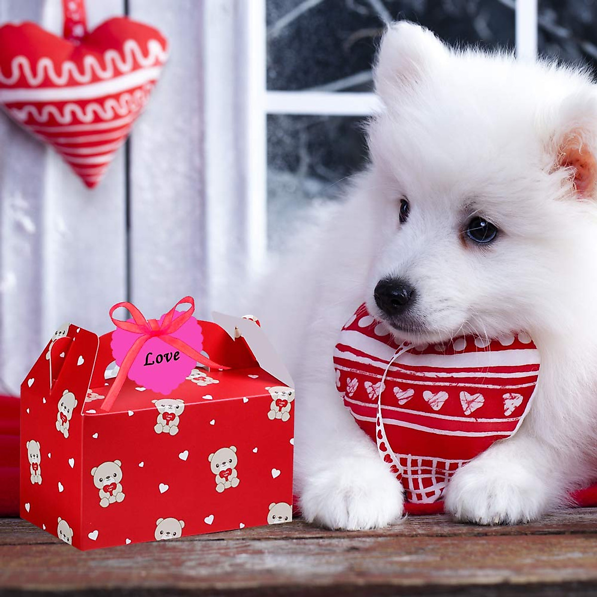 Winlyn 48 Set Valentine's Day Treat Boxes Hearts Prints Boxes Cookie Boxes Goodie Bag Party Favor Boxes Container Candy Box with Heart Tags Bulk for Kids Girls School Classroom Supplies