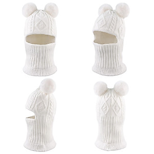 Winter Baby Knitted Hat Scarf Kids Boys Girls Hood Hats Toddler Earflap Beanie with Pompom (White 2, S)
