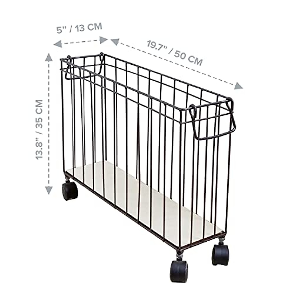 Metal Rack Storage Organizer - Wire Basket File Organizer - Magazine Holder - Metal Wire Rack Caddy w/ Wheels & Removable Liner - Slim Small Basket Storage Container, 19.7x5x13.8” Black Wire Basket