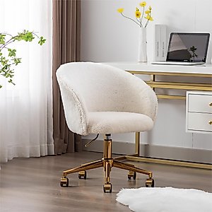 White Modern Faux Fur Home Office Chair, Upholstered Round Fluffy Chair Makeup Vanity Chair for Teen Girls Swivel Desk Chair with Gold Base, 3'' Adjustable Height Leisure Elegant Office Chair