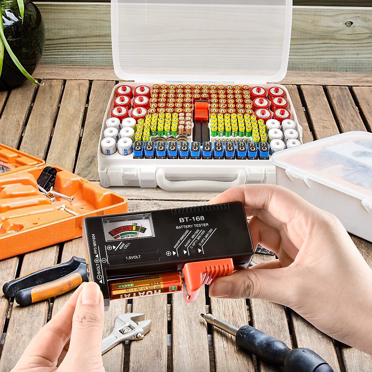 Battery Organizer Storage Holder Case with Double-Sided, Garage Box with Tester Checker. Batteries Container for 269pcs AA AAA AAAA 3A 4A 9V C D Lithium 4LR44 CR2 CR123A CR1632 CR2032 18650 - White
