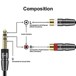 J&D 6.35 mm to 2RCA Cable, Heavy Duty Copper Shell Joint 6.35mm 1/4 inch Male TRS to 2 RCA Female Splitter Stereo Audio Adapter Cable, 0.8 Feet