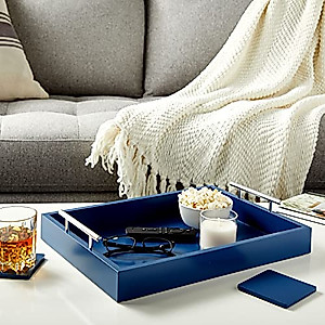 Blue Serving Tray for Coffee Table, 16x12 with Coasters, Decorative Interchangeable Gold and Silver Handles
