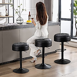 Round Storage Bar Stool Set of 2, Black Faux Leather Height Adjustable Barstool, 360°Counter Height Swivel Stool, Armless Bar Chair with Metal Frame for Kitchen Counter Dining Living Room