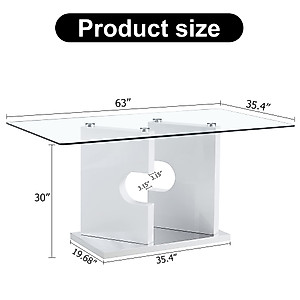 63'' Glass Dining Table for 6, 0.39" Tempered Glass Tabletop and White MDF Base,Large Dining Room Table for Home Kitchen Banquet Hall,Luxury Glass Table for Living Room Meeting Room(No Chair)