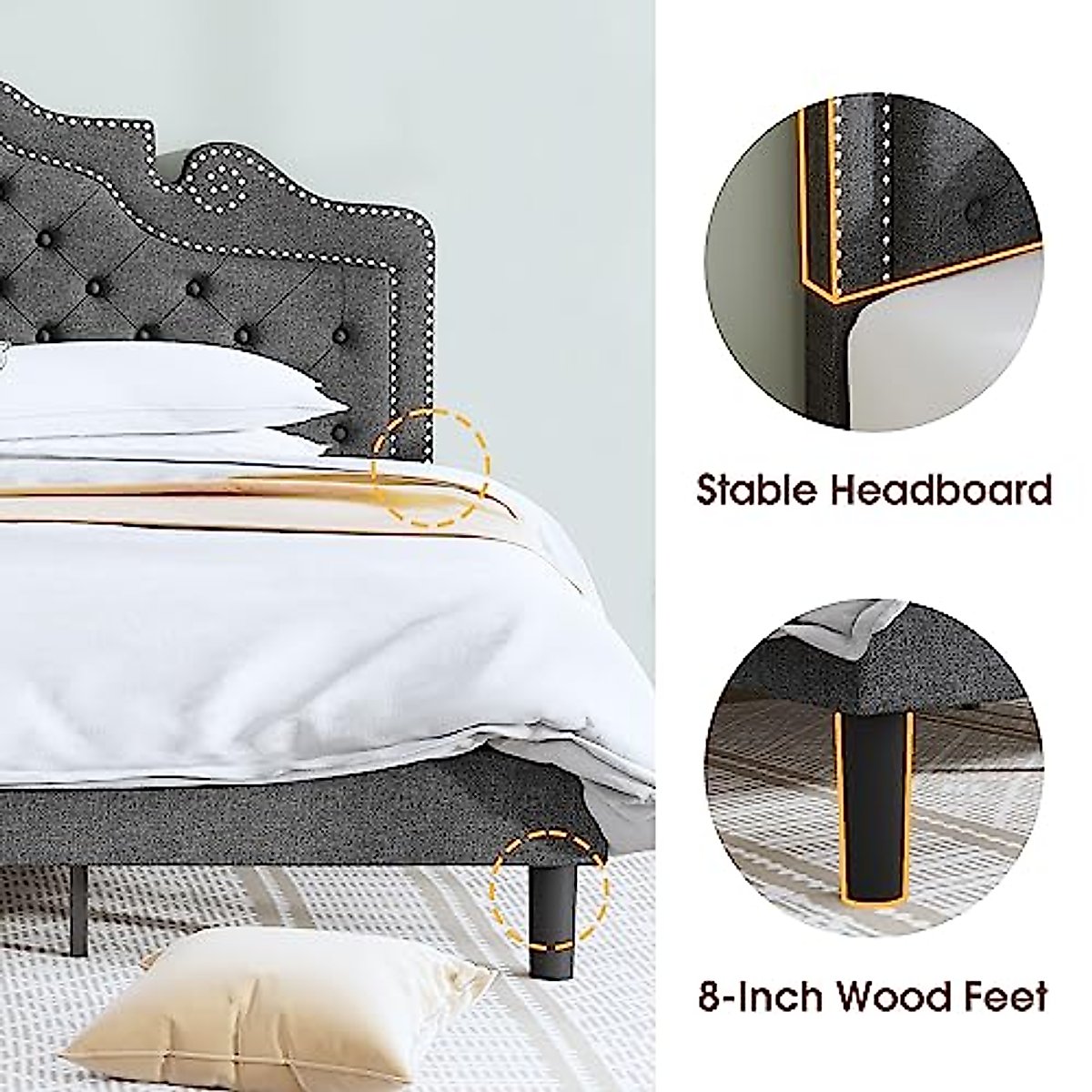 WEEWAY King Bed Frame with Tiara Curved Headboard and High Resilience, Linen Fabric Upholstered Diamond Button Tufted Platform Bed with Wood Slats/No Box Spring Needed/Easy Assembly/Dark Grey