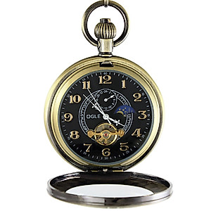 OGLE Waterproof Luminous Magnifier Tourbillon Moon Sun Chain Fob Self Wind Automatic Mechanical Pocket Watch (Bronze Black)