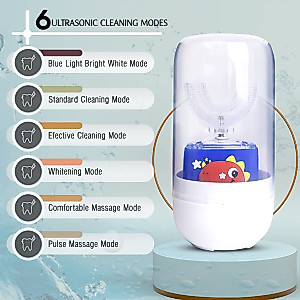 JAKABRO U-Shaped Dinosaur Kids Toothbrush with Case | IPX7 Waterproof Toddler Electric Ultrasonic Autobrush Mouthpiece | Six Advanced Cleaning Modes, Rechargeable Long-Lasting Battery.(Ages 2-12)