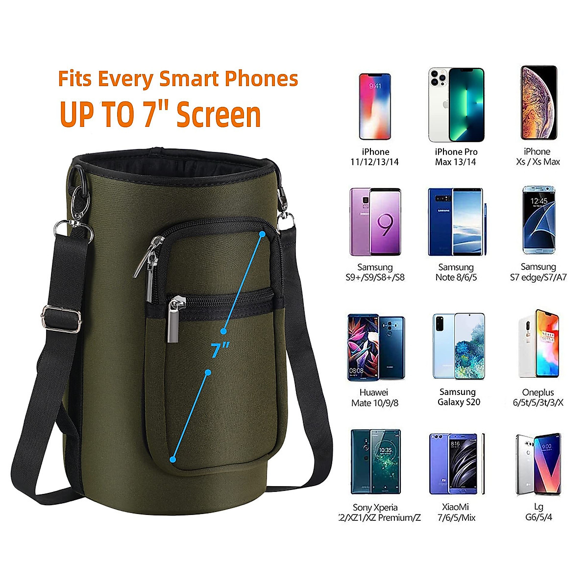 AceTreker 64/87/128 oz Neoprene Water Bottle Sleeve, Half Gallon/One Gallon Sling Carrier Bag for Vacuum Metal Steel Water Jug with Adjustable Shoulder Strap, Paracord Handle and 2 Pocket-Green