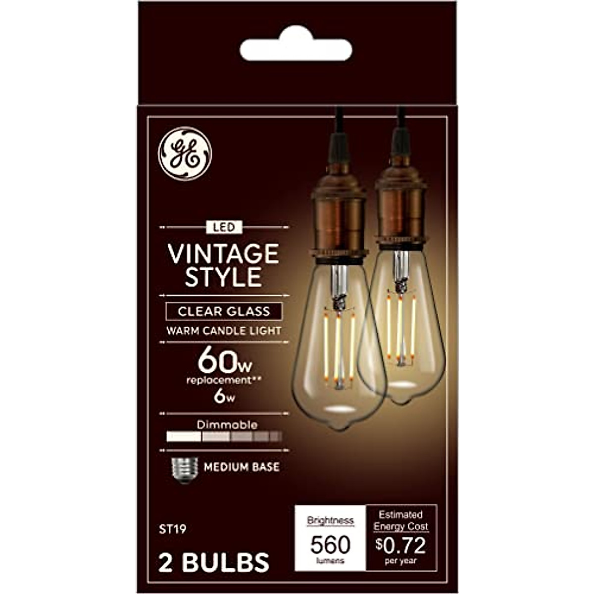 GE Vintage Style LED Light Bulbs, 60 Watt, Clear Finish, ST19 Edison Style Bulbs (2 Pack)