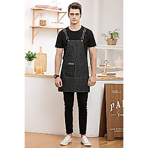 Denim Cross-Back Chef Bib Apron with Pockets for Men and Women (Black Stripe)
