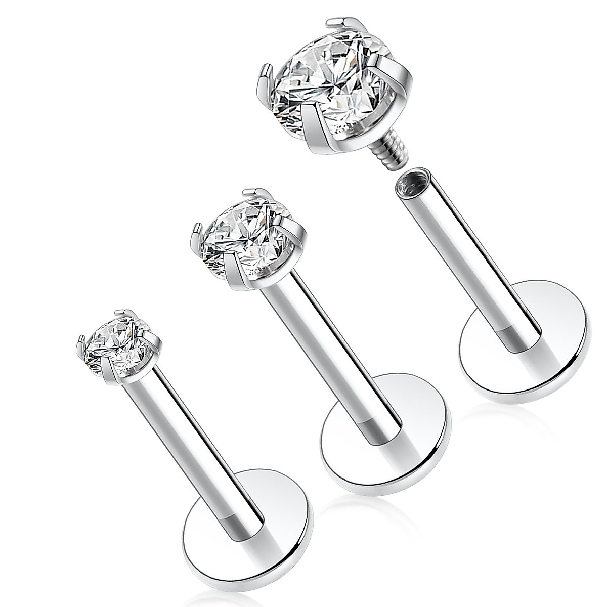 GAGABODY Forward Helix Earring 2/3/4mm Cubic Zirconia 3pcs G23 Titanium 16G 8mm Internally Threaded Labret Cartilage Tragus Monroe Lip Studs Piercing