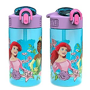 Zak Designs Kids Durable Plastic Spout Cover and Built-in Carrying Loop, Leak-Proof Water Design for Travel, (16oz, 2pc Set), Disney Princess