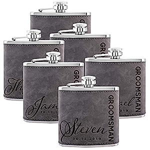 Personalized Flask For Wedding Groomsmen Gift, Customized Flask Set FREE Personalization - Laser Engraved - Design -6 (Leatherette, 6)
