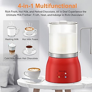 Secura Detachable Milk Frother and Steamer, 17oz Electric Milk Warmer 4-in-1 Hot/Cold Foam Maker for Latte, Macchiato, Hot Chocolate, Glass Milk Jug Dishwasher Safe (Red)