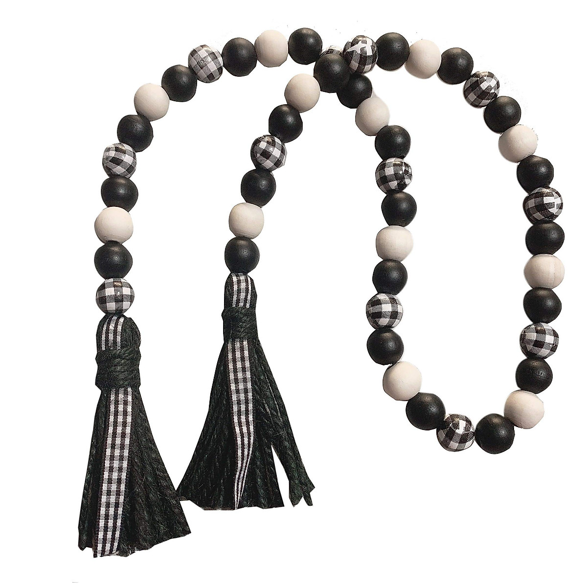 36 inch Wood Bead Garland with Jute Rope Plaid Tassel Tiered Tray Decoration Farmhouse Rustic Beads Natural Wood Beads Decor for Home Garden Holiday Party Hanging Ornament Black
