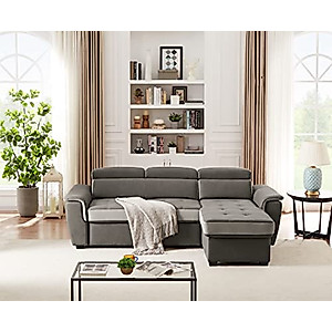 Pull-Out Sleeper Sofa, Faux Leather Sectional Sofa Bed, Modern Tufted L Shaped Conversible Sleeper Couch with Storage Chaise for Living Room