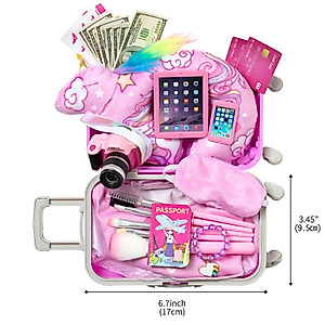 DOTVOSY 29 Pcs American 18 Inch Doll Clothes and Accessories Travel Suitcase Set Designed for 18" Dolls Including Pillow, Sunglasses, Camera, Passport, Phone, Laptop etc