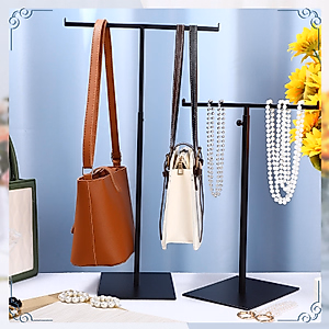 Leinuosen 4 Pcs Tabletop Purse Display Stand Metal T Bar Handbag Display Stand Holder Adjustable Height Double Hook Hanging Jewelry Stands for Home Store Boutique Counter(Black)