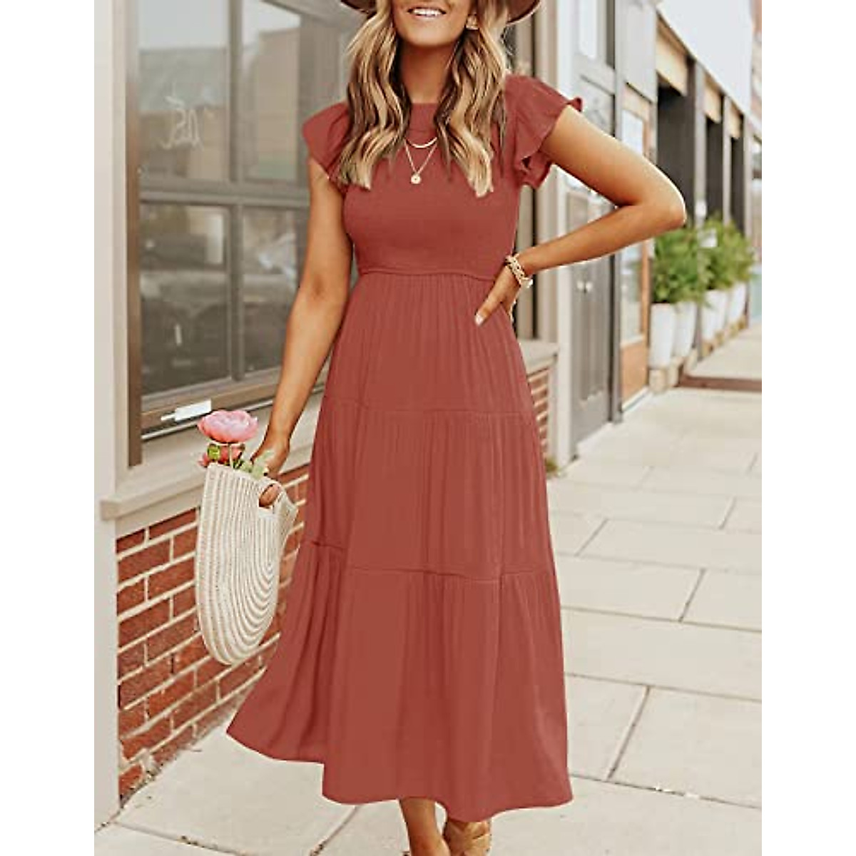 ZCSIA Women's 2023 Summer Casual Ruffle Short Sleeve Crewneck Smocked Tiered A Line Midi Dress,Rust,Small