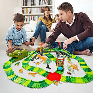 BEMITON Dinosaur Toys Race Car Track, Create a Dinosaur World Road Race, Flexible Dinosaur Track Toys Set, Christmas Birthday Gifts for 3 4 5 6 7 Years Old Boys Girls Kids