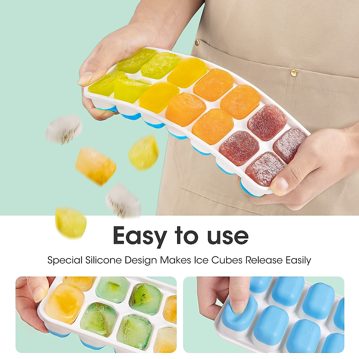 DOQAUS Ice Cube Tray with Lid and Bin, Upgraded Silicone Ice Cube Trays for Freezer with Container Ice Cube Maker Stackable Easy Release, 2 Pack Ice Trays & 1 Pack Ice Bucket Tong Scoop