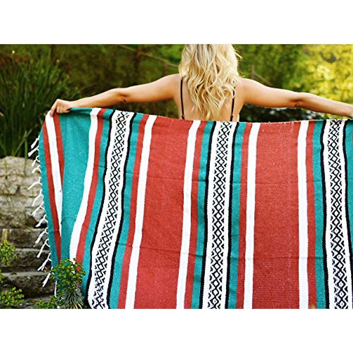 Green and Rust Mexican Blanket by Laguna Beach Textile Co - Beach, Yoga, Camping, or Decorative Throw Blanket - Traditional Handmade Serape - Rustic Green