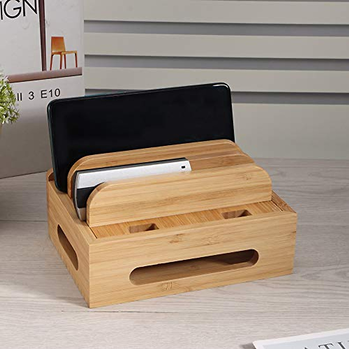 Okuyonic Remote Control Storage Box, Bamboo Storage Box Charging Storage Rack Easy Cleaning Premium Bamboo Material for Home for Storage for Woman