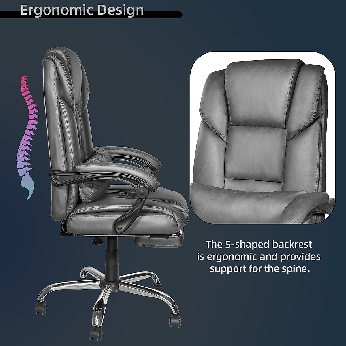 Toszn High Back Executive Office Chair, Reclining Office Chair with Footrest, PU Home Office Desk Chair Adjustable Height, Computer Desk Chair with Lumbar Cushion, Grey