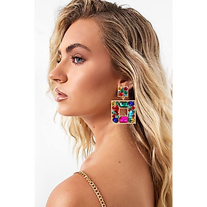 Canboer Colorful Rhinestone Square Dangle Earrings Sparkly Crystal Geometric Drop Statement Earrings Hypoallergenic for Women Party Prom