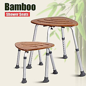 Goplus Bamboo Bath Seat, Waterproof Bathroom Shower Seat,Spa Massage Chair, Triangular Fanshaped with Slip-Resistant Rubber Bathroom Organizer, Weight Capacity: 350 Lbs