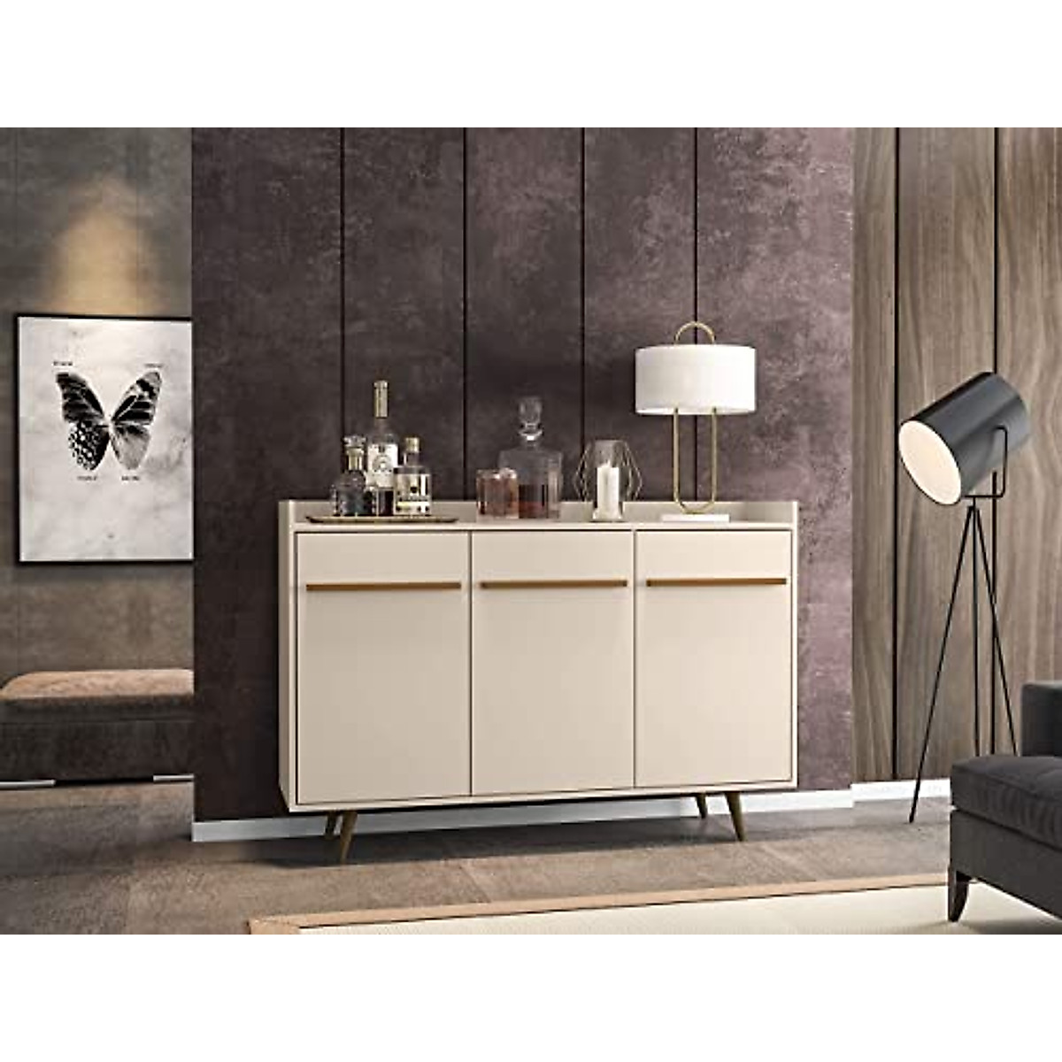 Manhattan Comfort Bradley Mid Century Modern Dining Room 4 Shelves Buffet Stand Cabinet, 53.54", Off White