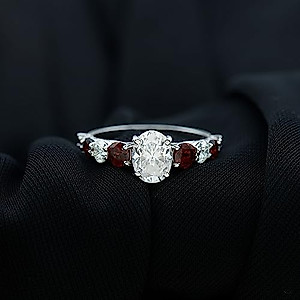 Rosec Jewels Moissanite Diamond Engagement Ring with Garnet - Certified 6X8 MM Oval Shape Moissanite Solitaire Ring (D-VS1 Quality), 14K White Gold, Size:US 7.50
