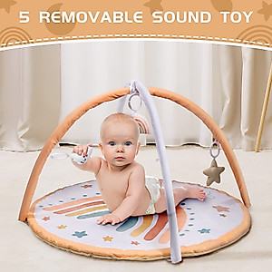 IPOZITO Baby Gym and Infant Play Mat, Stage-Based Sensory and Motor Skill Development Language Discovery Activity Play Gym, Thicker Non-Slip Design Tummy Time Activity Mat with 5 Toys Washable