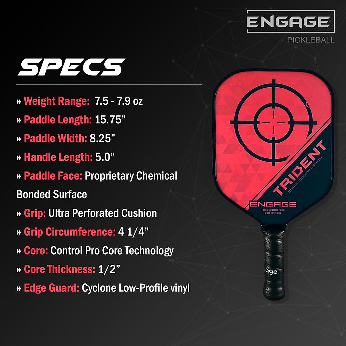 Engage Pickleball Trident Pickleball Paddle - Pickleball Paddles with Polymer Core - USAPA Approved Pickleball Paddles Pickleball Rackets for Adults - Standard (Red Horizon)