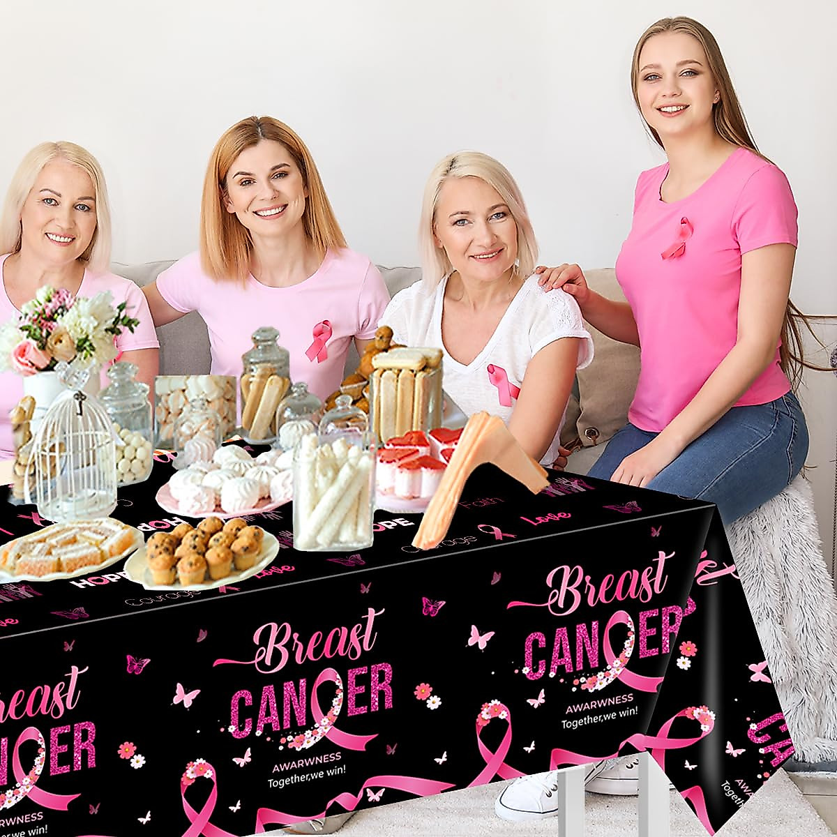 3Pcs Breast Cancer Awareness Tablecloths-Hope Love Cure Decorations Pink Ribbon Disposable Rectangle Plastic Table Covers Women Pink Black Breast Cancer Party Supplies