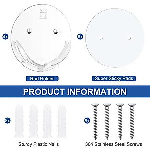 Shower Curtain Rod Holder for Wall – Adhesive Bathroom Tension Rod Retainer with Wide Bracket Include Strong Tapes for No Drilling Quick Mount and 304 Screws for Permanent Installation (Gloss Clear)