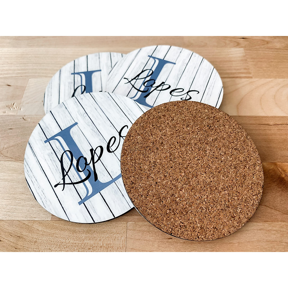 Personalized Coasters for Drinks White Barnwood Design Custom Farmhouse Coaster Set Monogram Initial Name Housewarming Gift Handmade by The Painted Pug (White)