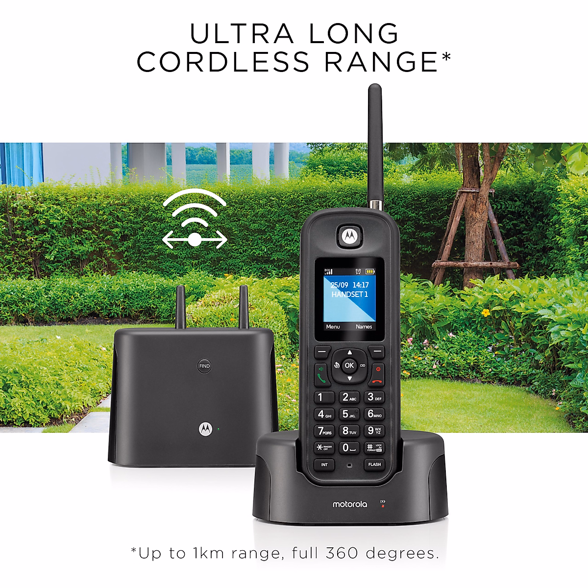 Motorola O214 DECT 6.0 Long Range Cordless Phone - Wireless Phones for Home & Office Phone with Answering Machine - Indoors and Outdoors, Water & Dust Resistant, IP67 Certified - Black, 4 Handsets