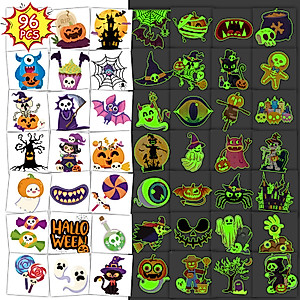 Konsait 96 PCS Halloween Temporary Tattoos for Kids, Pre-cut Glow in the Dark Fake Tattoos Halloween Kids Temporary Tattoos Halloween Party Favors Halloween Decorations Treats non Candy Prizes for Kid