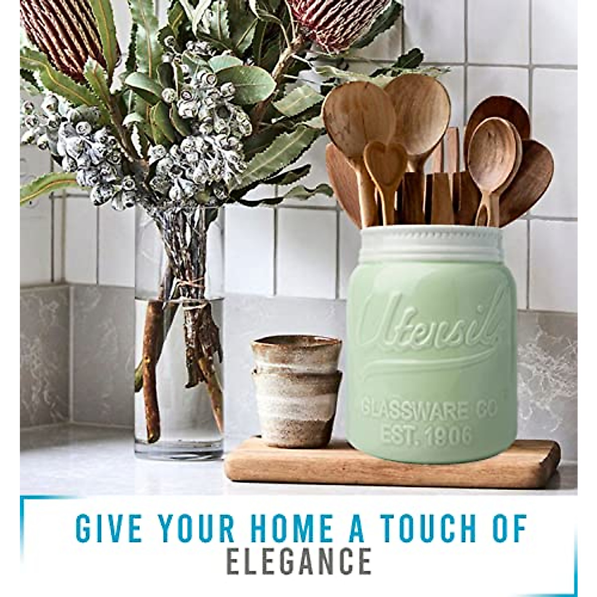 Comfify Wide Mouth Mason Jar Utensil Holder Decorative Kitchenware Organizer Crock, Chip Resistant Ceramic, Dishwasher Safe - Kitchen Caddy Green, Large Size 7" High