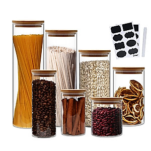 Encheng Glass Jars with Lids,Airtight Glass Food Storage Jars with Bamboo Lids,7 Pack Borosilicate Glass Pantry Storage Container for Kitchen,Pantry,Flour,Coffee,Cereal,Beans,Pasta,Powder