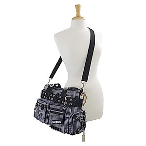 Lost Queen Striped Punk Rock Steampunk Purse with Handcuff Skull Charm (White), Medium