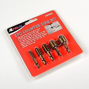 5 pc Countersink Drill Bit Set, 5 Pieces High Speed Steel 82 Degree 5 Flute 6mm Round Shank Mill Cutter Bit Countersink in Sizes 1/4” 3/8” 1/2” 5/8” 3/4” Set with Carrying Case. by ATE Pro. USA