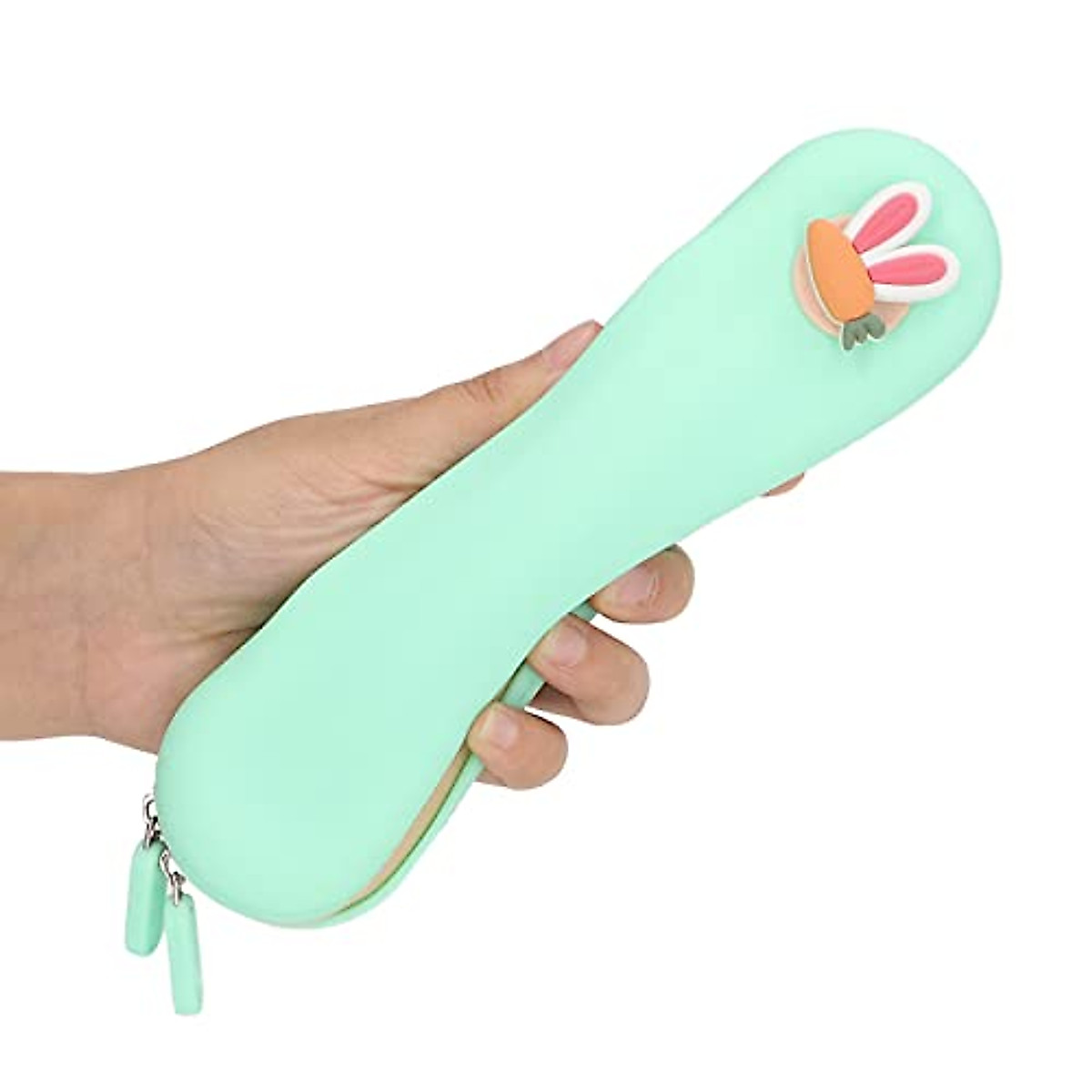Silicone Pencil case Small Capacity Pure Color Narrow Stitching line Student Pencil case Organ Design for School Radish Rabbit and Radish House, Green