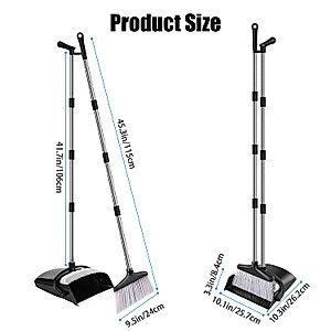 Broom and Dustpan Set with Long Handle, Windproof Stand Up Dustpan with Broom Combo for Home Kitchen Room Office Lobby Floor Use (Black&Grey, 45.3IN)